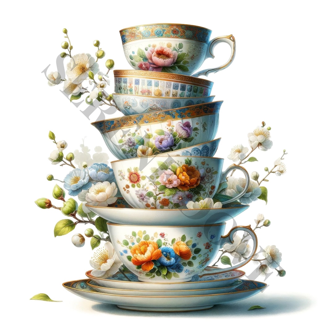 Stack of Vintage Tea Cups Clipart - 12 High Quality Pngs, Digital ...
