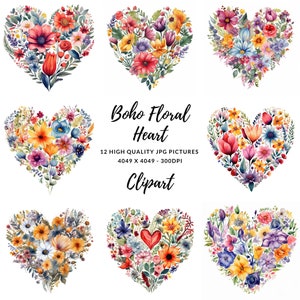 Boho Floral Heart Clipart - 12 High Quality Jpgs, Digital Paper ...