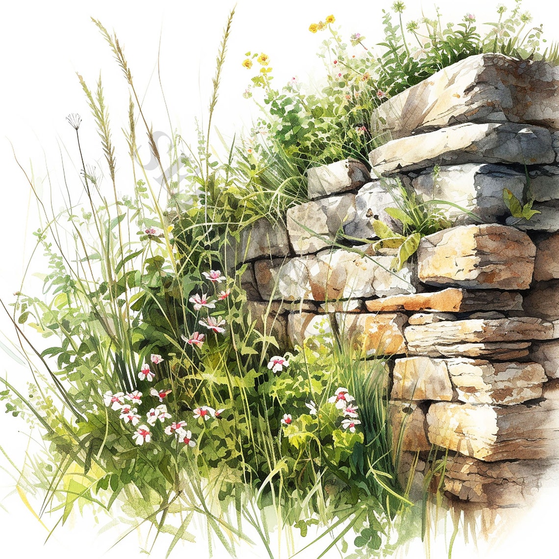 Stoned Wall Wildflower Clipart - 12 High Quality Jpgs, Watercolor ...