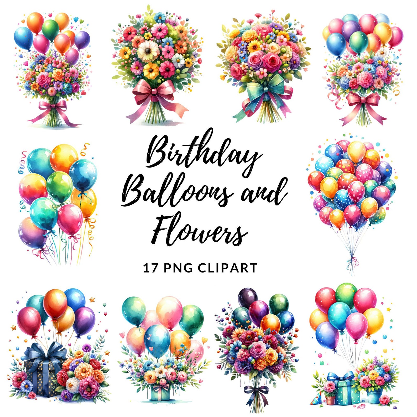 Birthday Balloons and Flowers Clipart 17 High Quality Pngs - Etsy