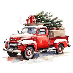 Red Christmas Truck Clipart - High Quality 12 Pngs, Watercolor Clipart ...