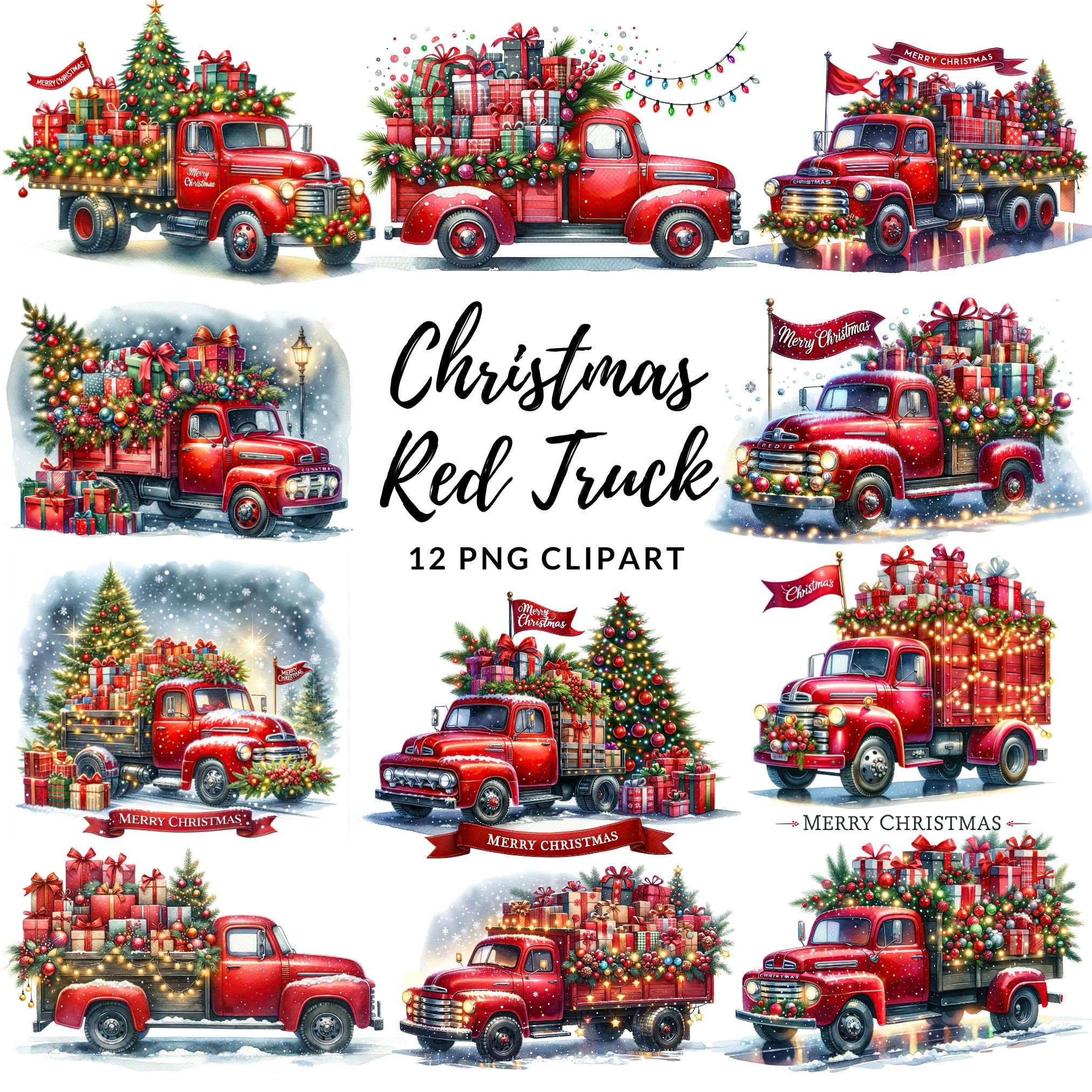 Red Christmas Truck Clipart High Quality 12 Pngs Watercolor - Etsy Canada