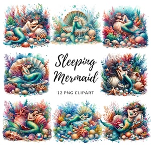 Sleeping Mermaid Clipart - 12 High Quality Pngs, Digital Planner, Junk ...