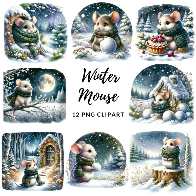 Winter Mouse Clipart - 12 High Quality Pngs, Memory Book, Junk Journals ...