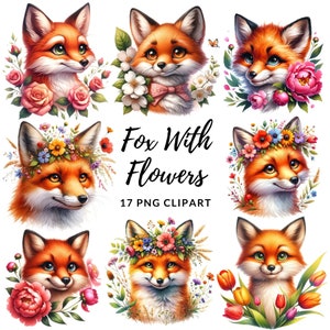 Fox and Flowers Clipart - 17 High Quality Pngs, Digital Download, Card ...