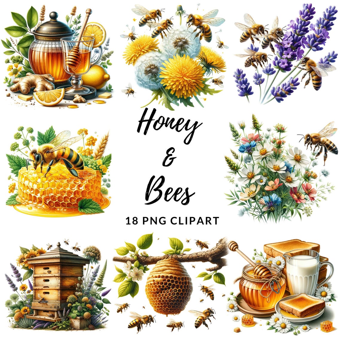Honey and Bees Clipart - 18 High Quality Pngs, Digital Planner, Junk ...