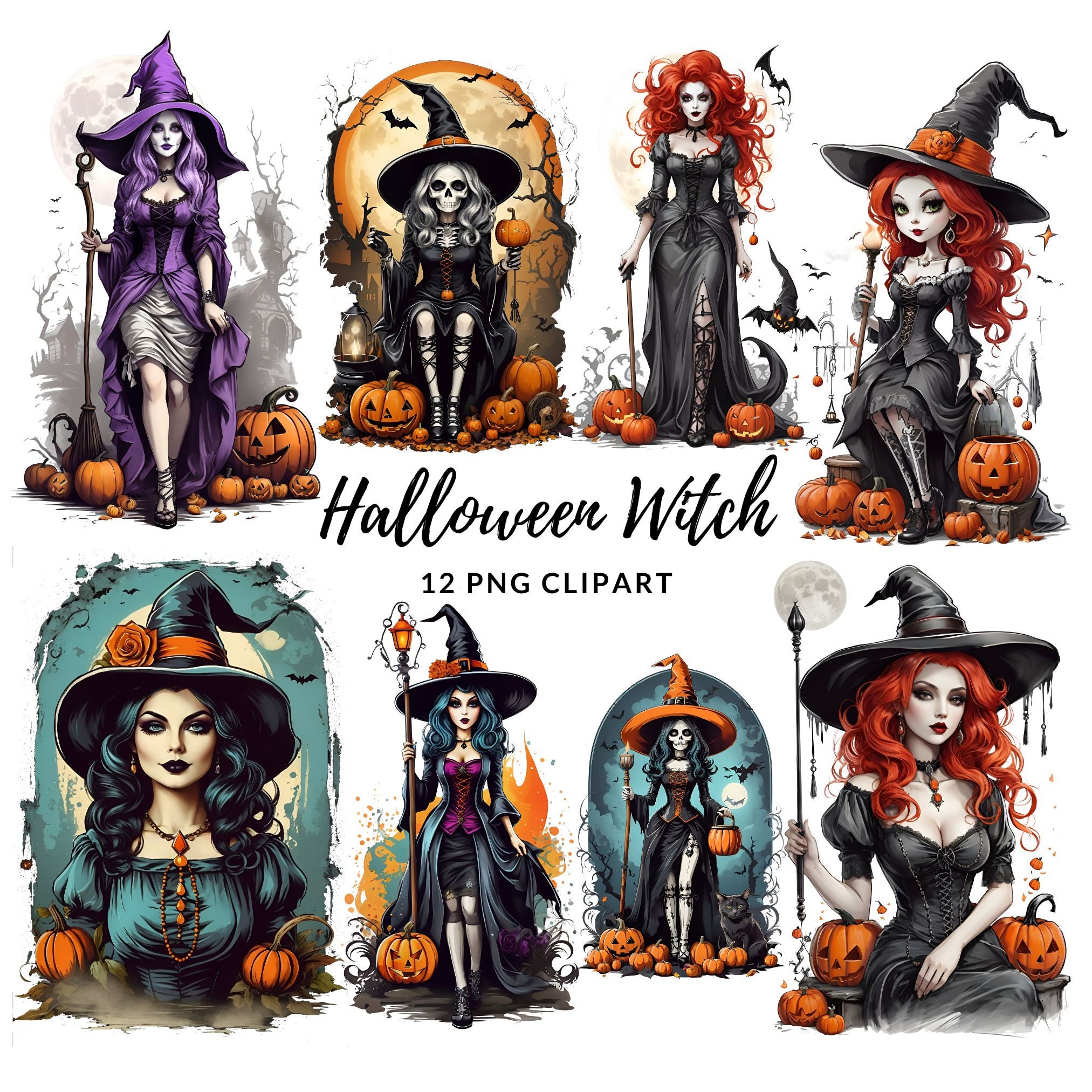Watercolor Halloween Witch Clipart – 12 PNG Images (digital Download ...