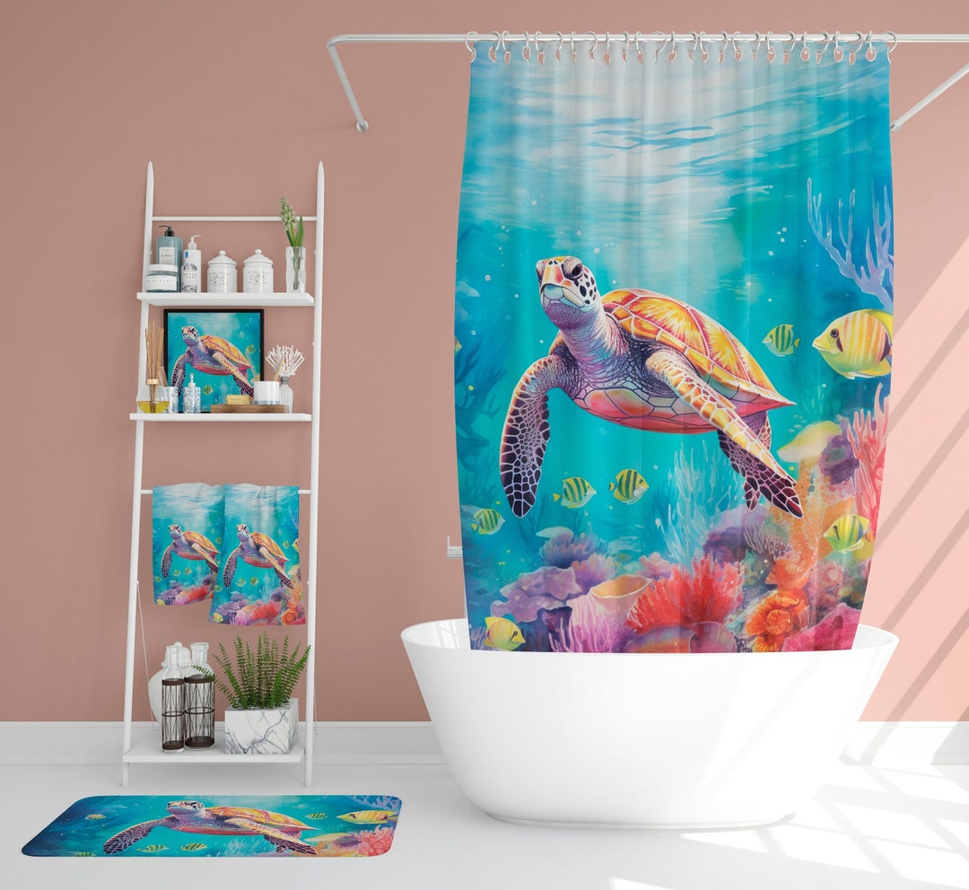TURTLE BATHROOM SET Microfiber Bath Mat Coral Reef Shower Curtain ...