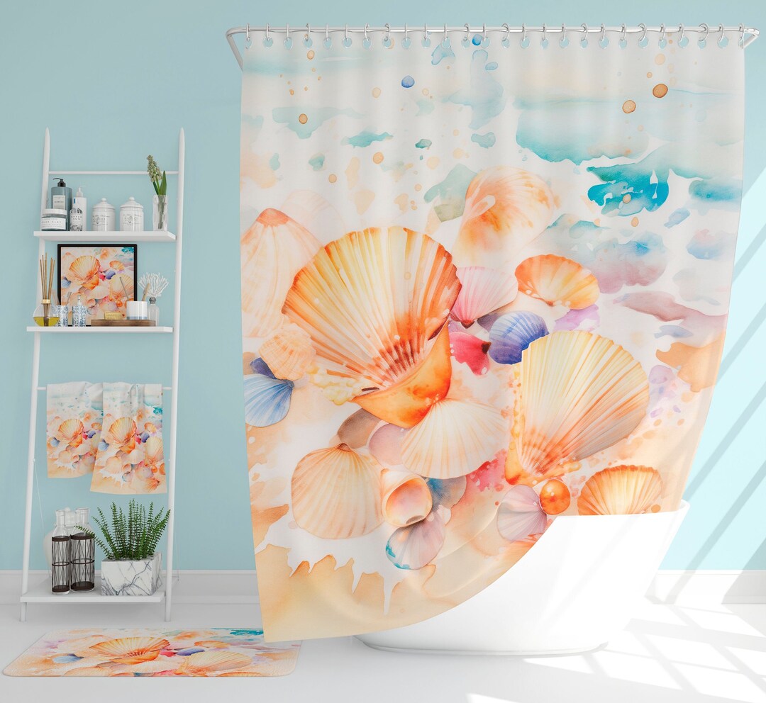 SEASHELLS BATH SET Beach Lover Microfiber Bath Mat Tropical Shower ...