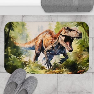 DINOSAUR BATH SET Microfiber Bath Mat Jurassic Era Shower Curtain for ...
