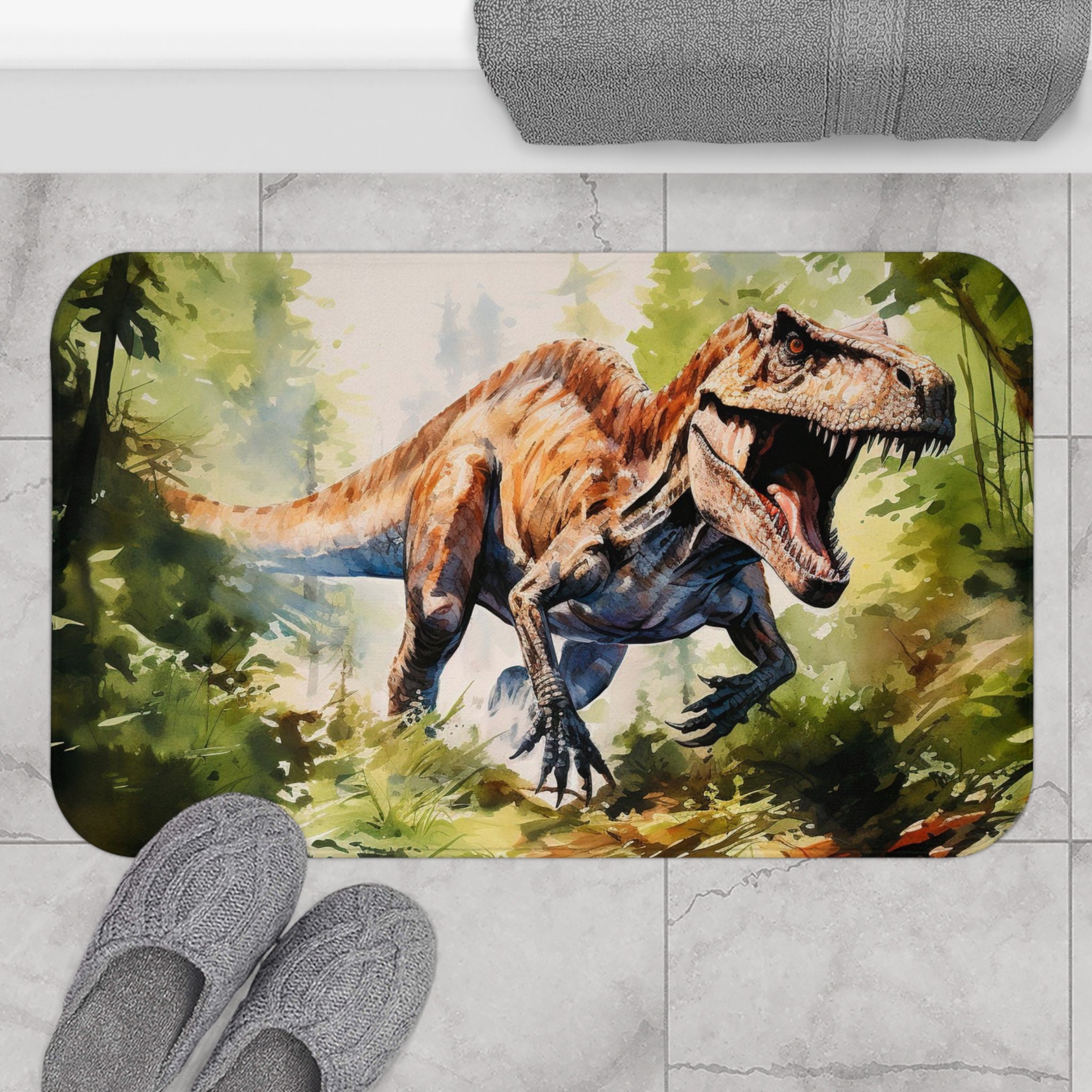 DINOSAUR BATH SET Microfiber Bath Mat Jurassic Era Shower Curtain for ...
