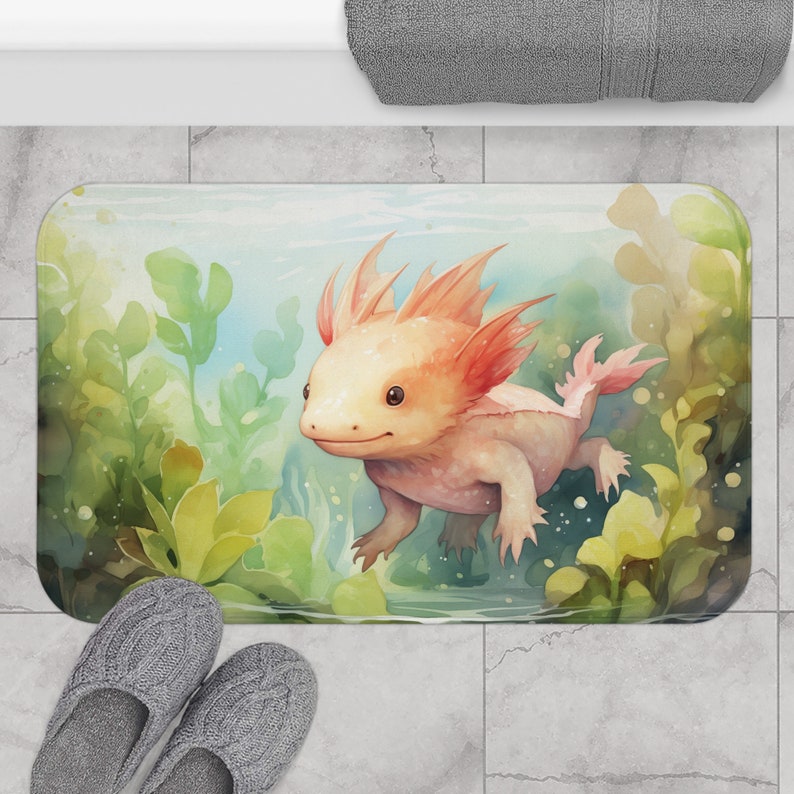 AXOLOTL BATHROOM SET Kids Microfiber Bath Mat Cute Axolotl Shower ...