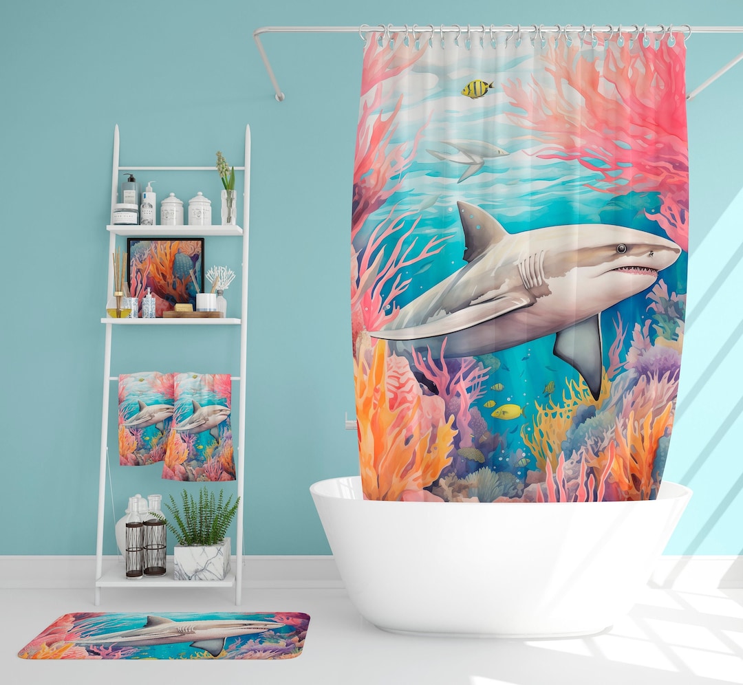 SHARK BATHROOM SET Shark Lover Microfiber Bath Mat Shark Shower Curtain ...