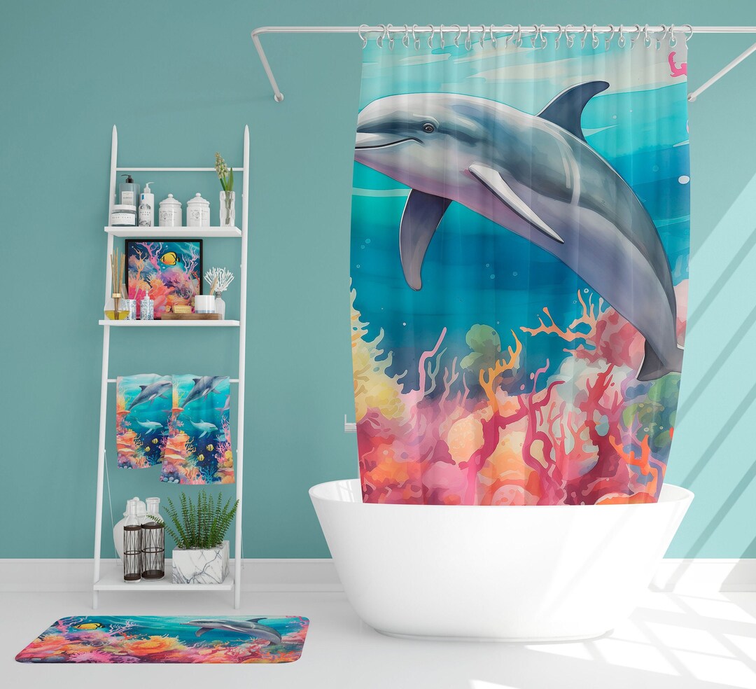 DOLPHIN BATH SET Microfiber Bath Mat Coral Reef Hand Towel for Bathroom ...