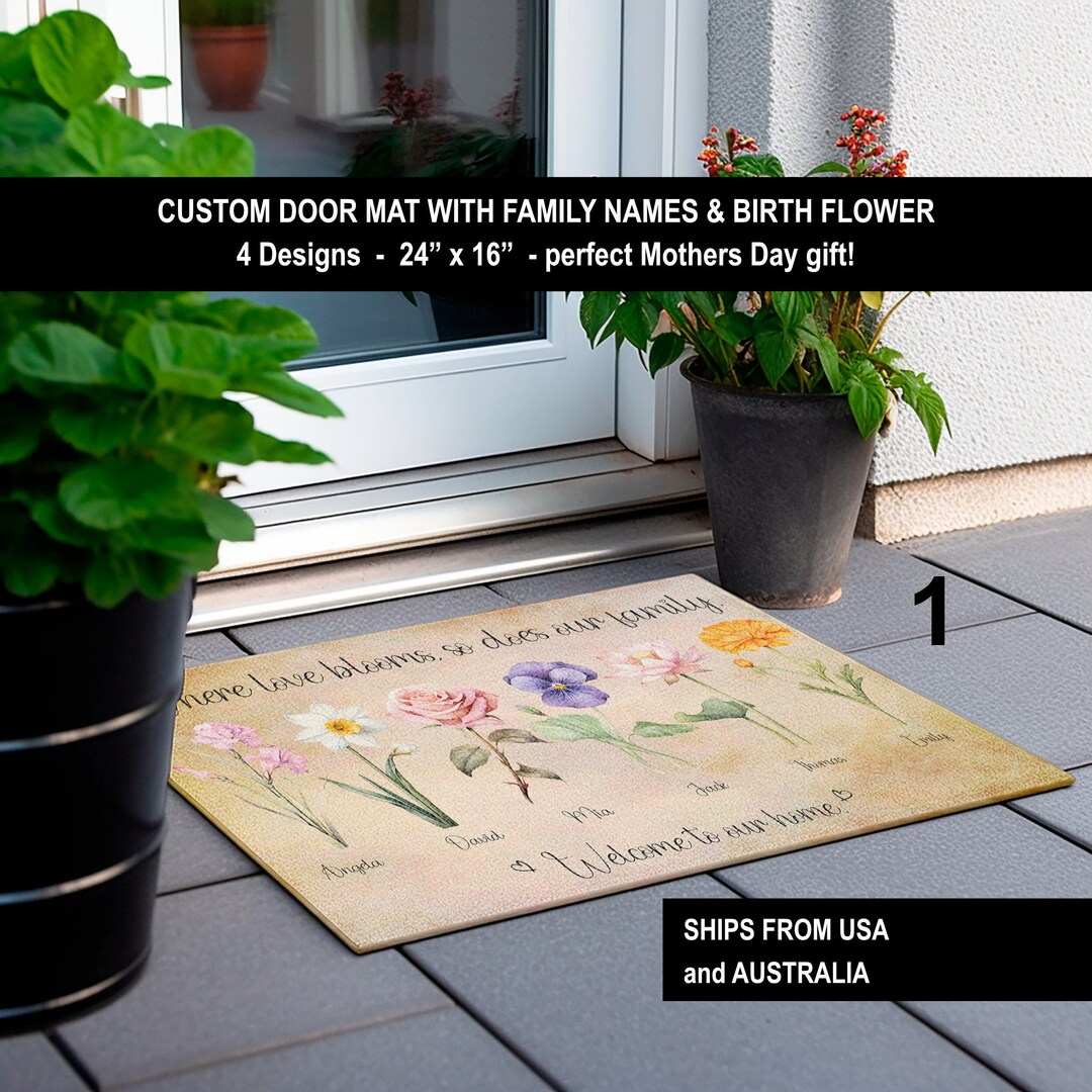 CUSTOM BIRTH FLOWER Door Mat With Family Names Gift for Mom Mothers Day ...