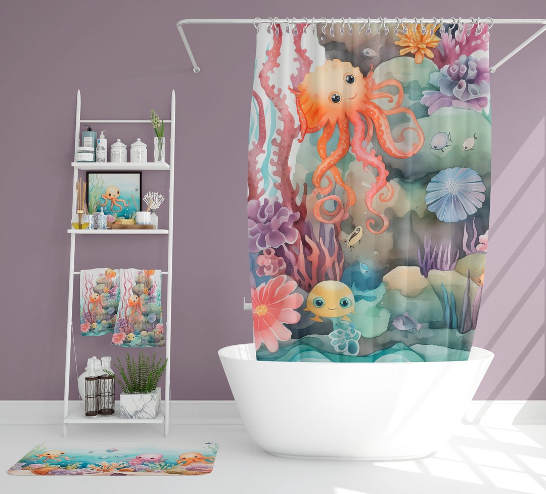 OCTOPUS BATHROOM SET Microfiber Bath Mat Coral Reef Lover Shower ...