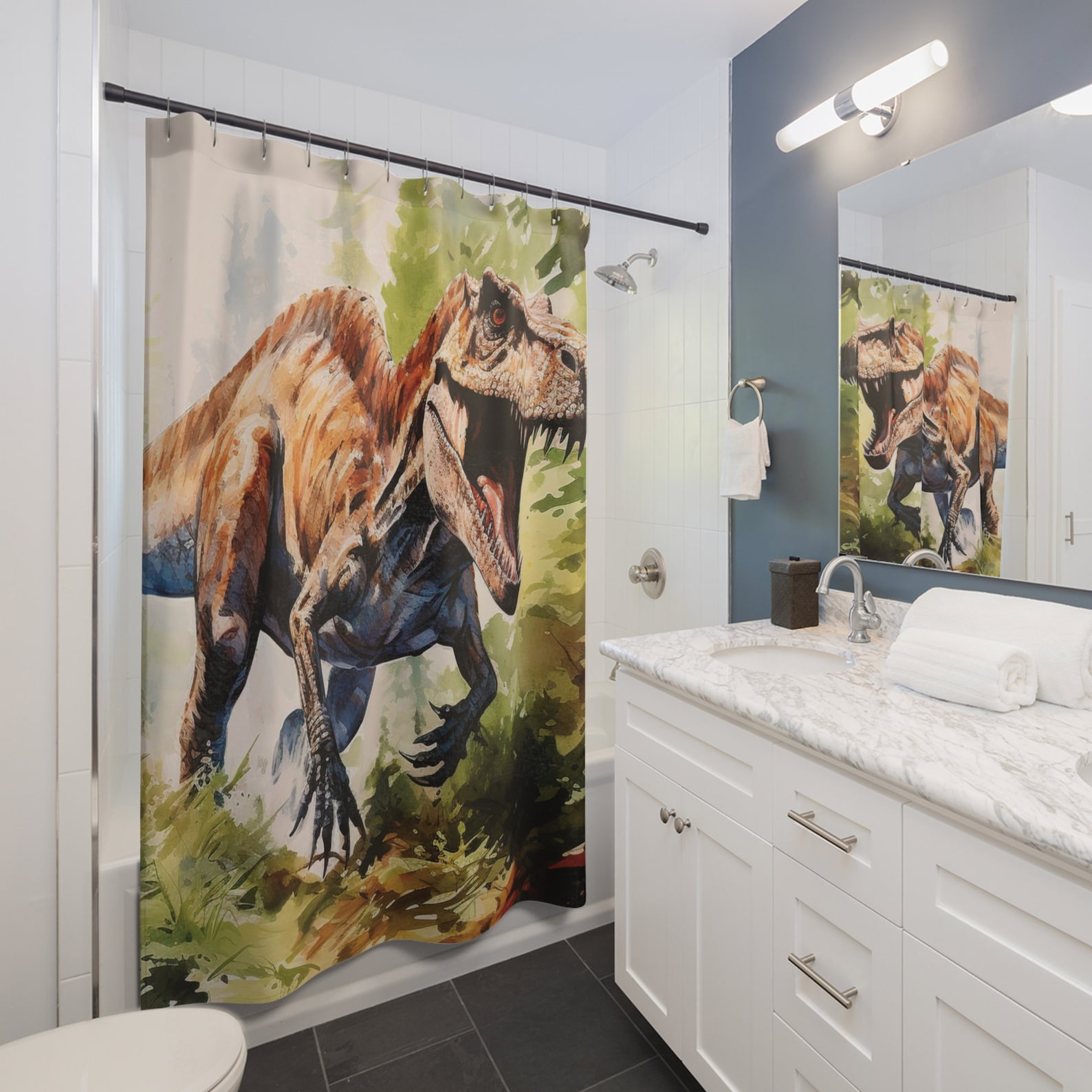 DINOSAUR BATH SET Microfiber Bath Mat Jurassic Era Shower Curtain for ...