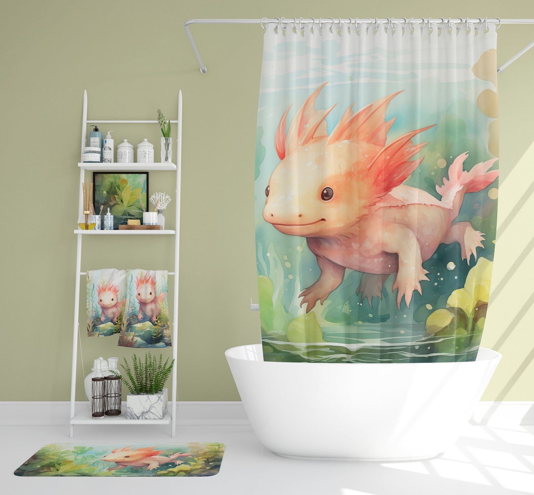 AXOLOTL BATHROOM SET Kids Microfiber Bath Mat Cute Axolotl Shower ...