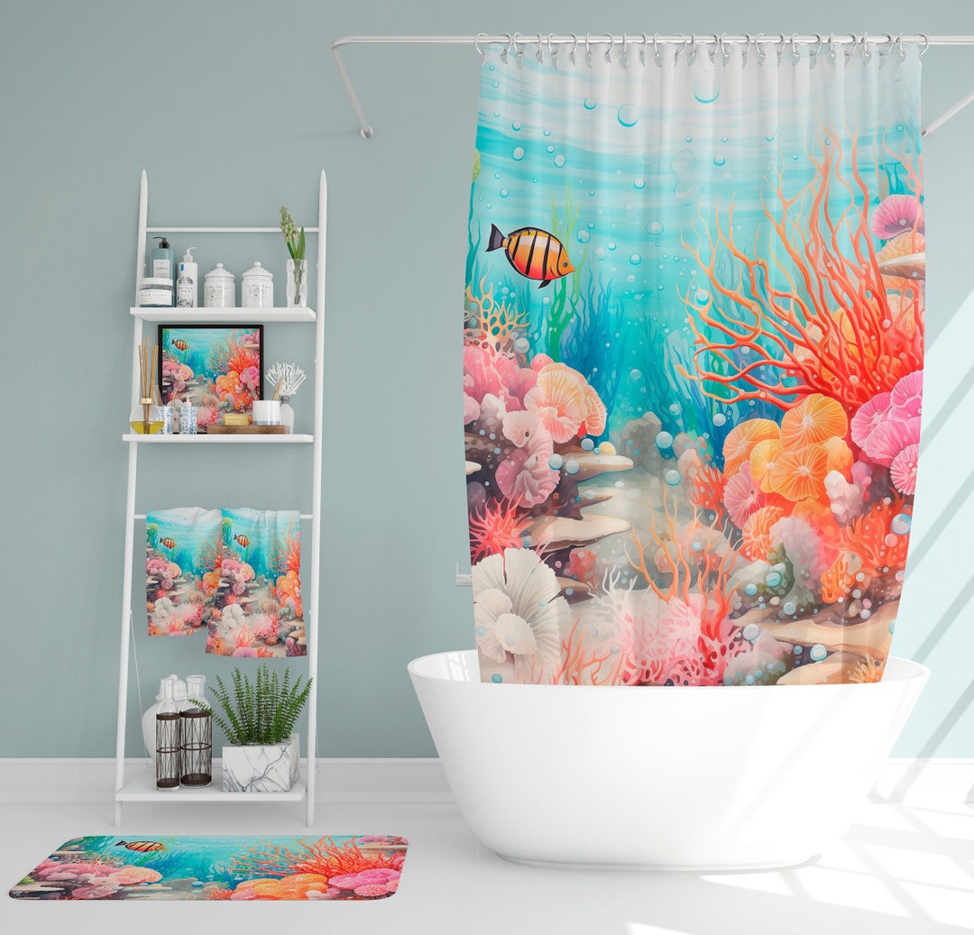 CORAL REEF BATHROOM Set Tropical Fish Microfiber Bath Mat & Hand Towels ...