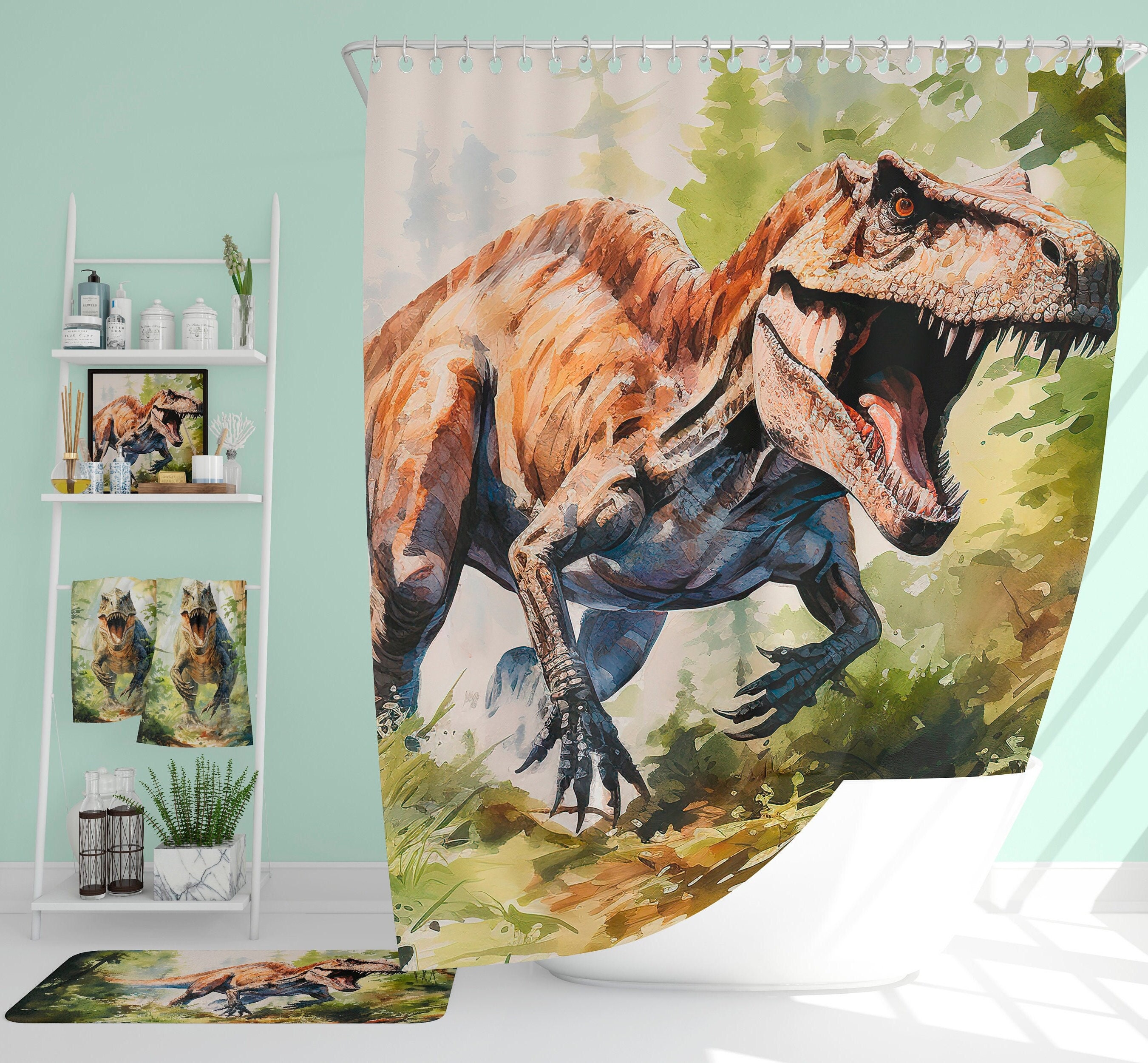 DINOSAUR BATH SET Microfiber Bath Mat Jurassic Era Shower Curtain for ...