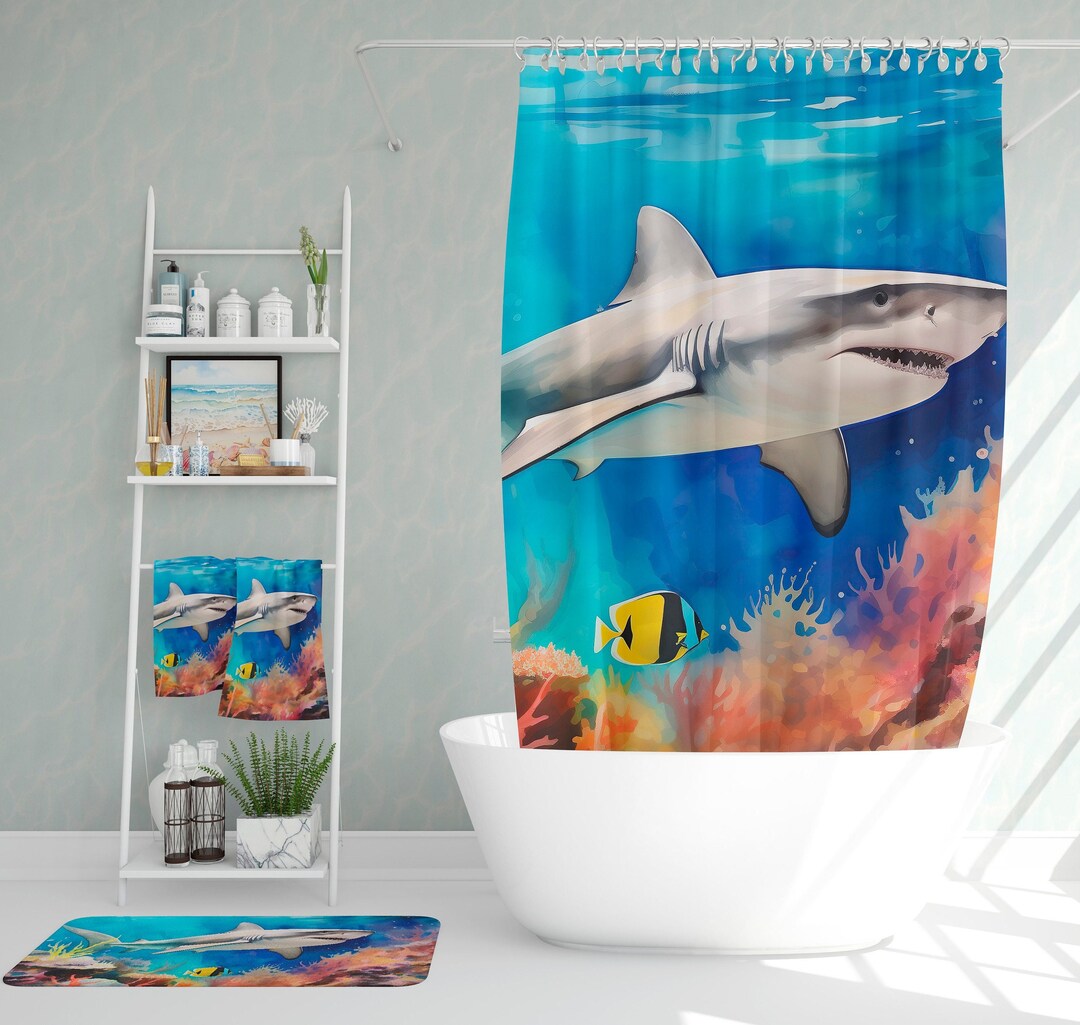SHARK BATHROOM SET Shark Lover Microfiber Bath Mat Shark Shower Curtain ...