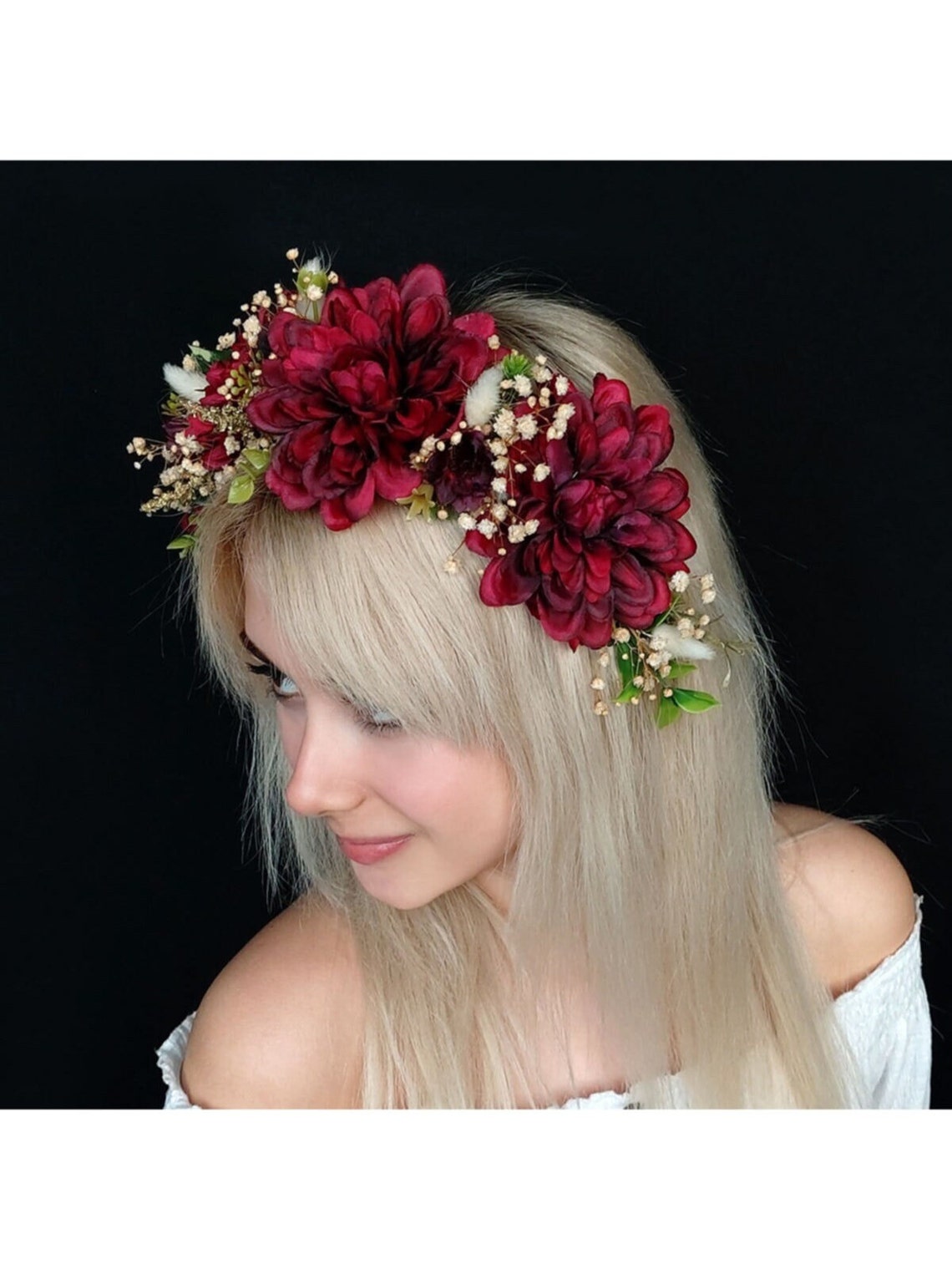 Red Floral Bridal Crown: Rustic Wedding Headband, Boho Flower Headpiece ...