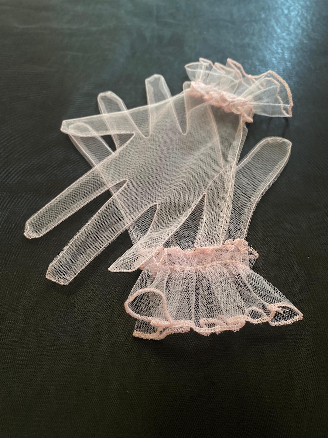 Baby Pink Blue Dance Party Ruffle Gloves, Sheer Tulle Short Ruffle ...
