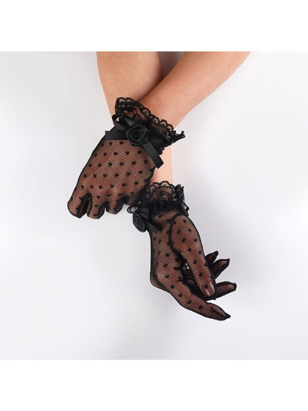 Sheer Polka Dot Bridal Gloves: Black Ruffle Wrist, Cosplay Gloves - Etsy