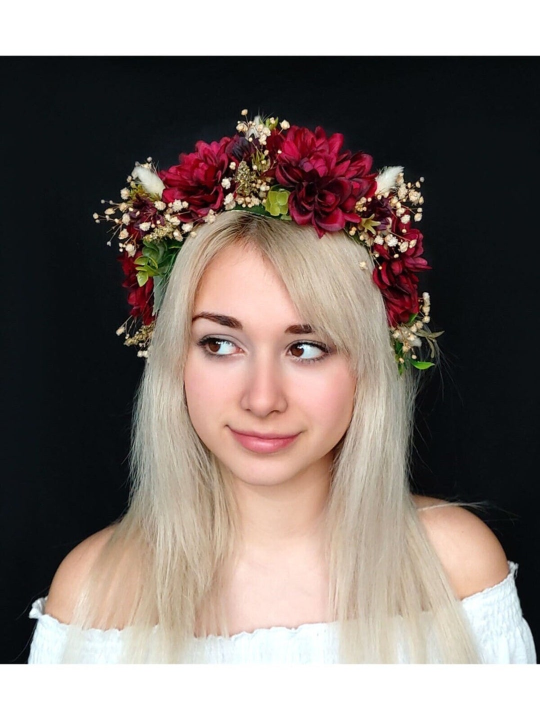 Red Floral Bridal Crown: Rustic Wedding Headband, Boho Flower Headpiece ...