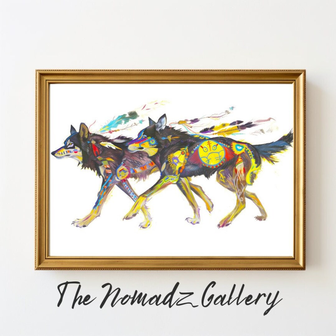 Two Wolves Painting, Native American Painting Wall Art Spirit Wolf Totem Native Indigenous Wolf ...
