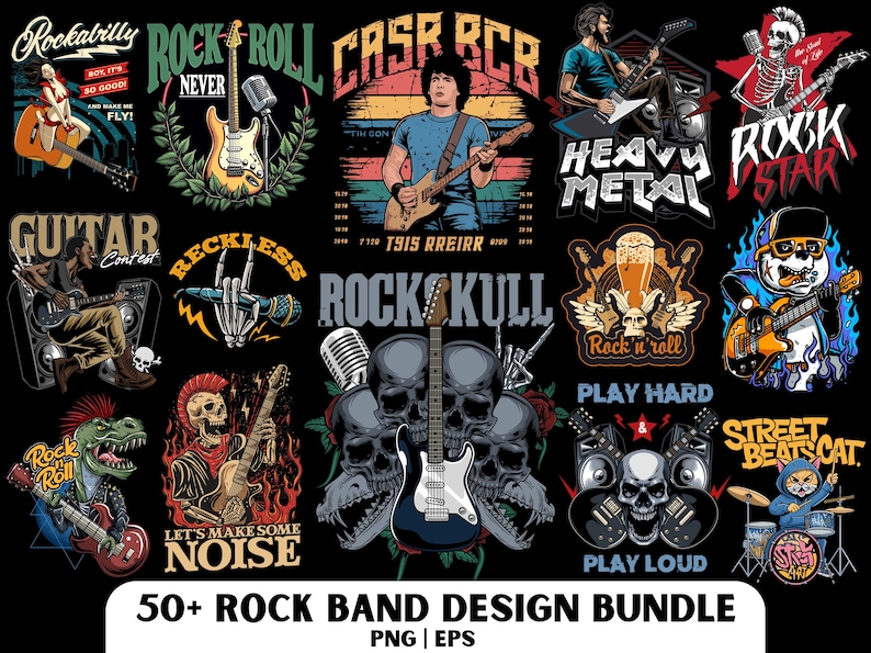 Rock Band PNG Bundle: 50 Rock & Roll Designs (digital Download - Etsy