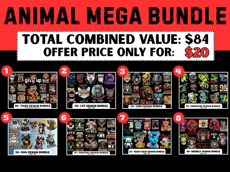 Mega Animal PNG Bundle: 1100+ T-shirt & Sticker Designs (digital ...