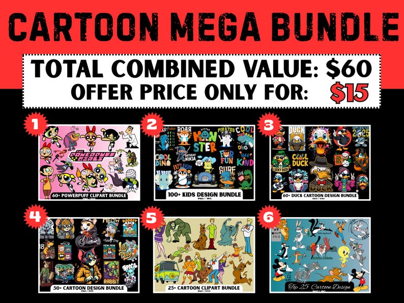 Mega Cartoon PNG Bundle: 1000+ Designs for T-shirts & Cartoon Stickers ...