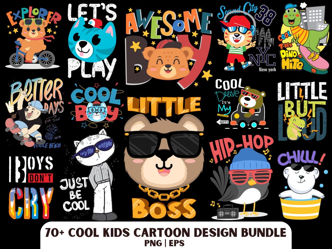 Kids Cartoon Design Bundle: 70 PNG Files for T-shirts (digital Download ...