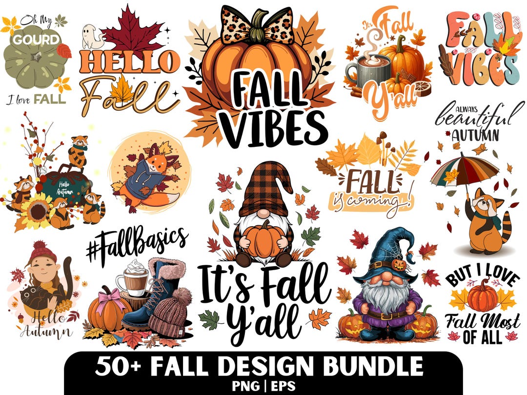 Retro Fall PNG Bundle: 50 Autumn Designs for T-shirts (digital Download ...