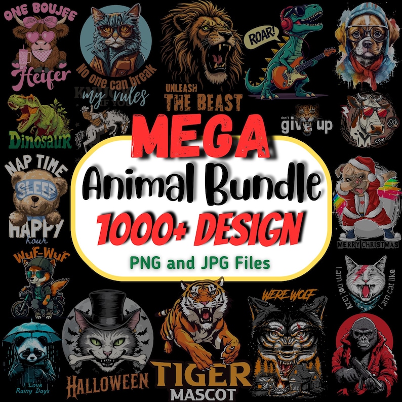 Mega Animal PNG Bundle: 1100+ T-shirt & Sticker Designs (digital ...