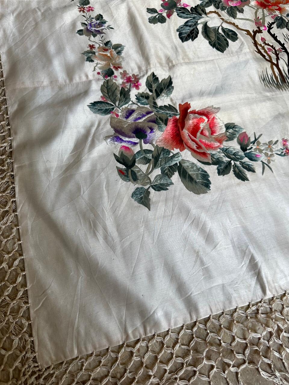 Vintage Canton Silk Piano Shawl, Floral Bird Embroidery, Wall Hanging ...