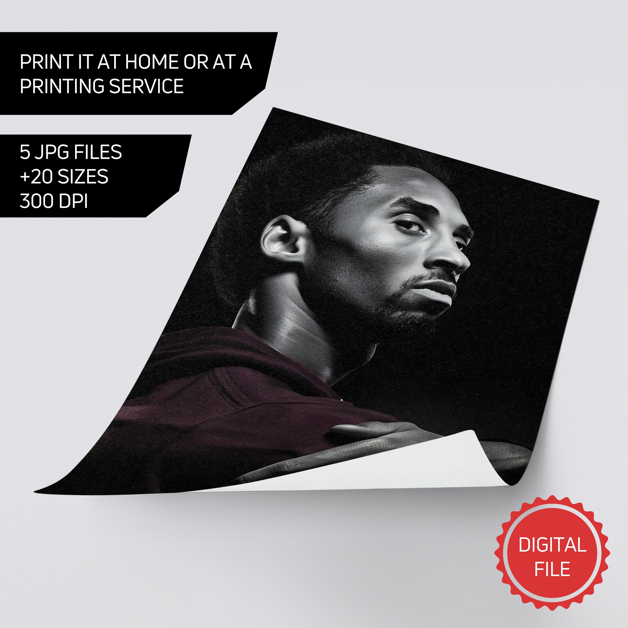 Kobe Bryant Poster, Basketball Printable Wall Art, Portrait, Black ...