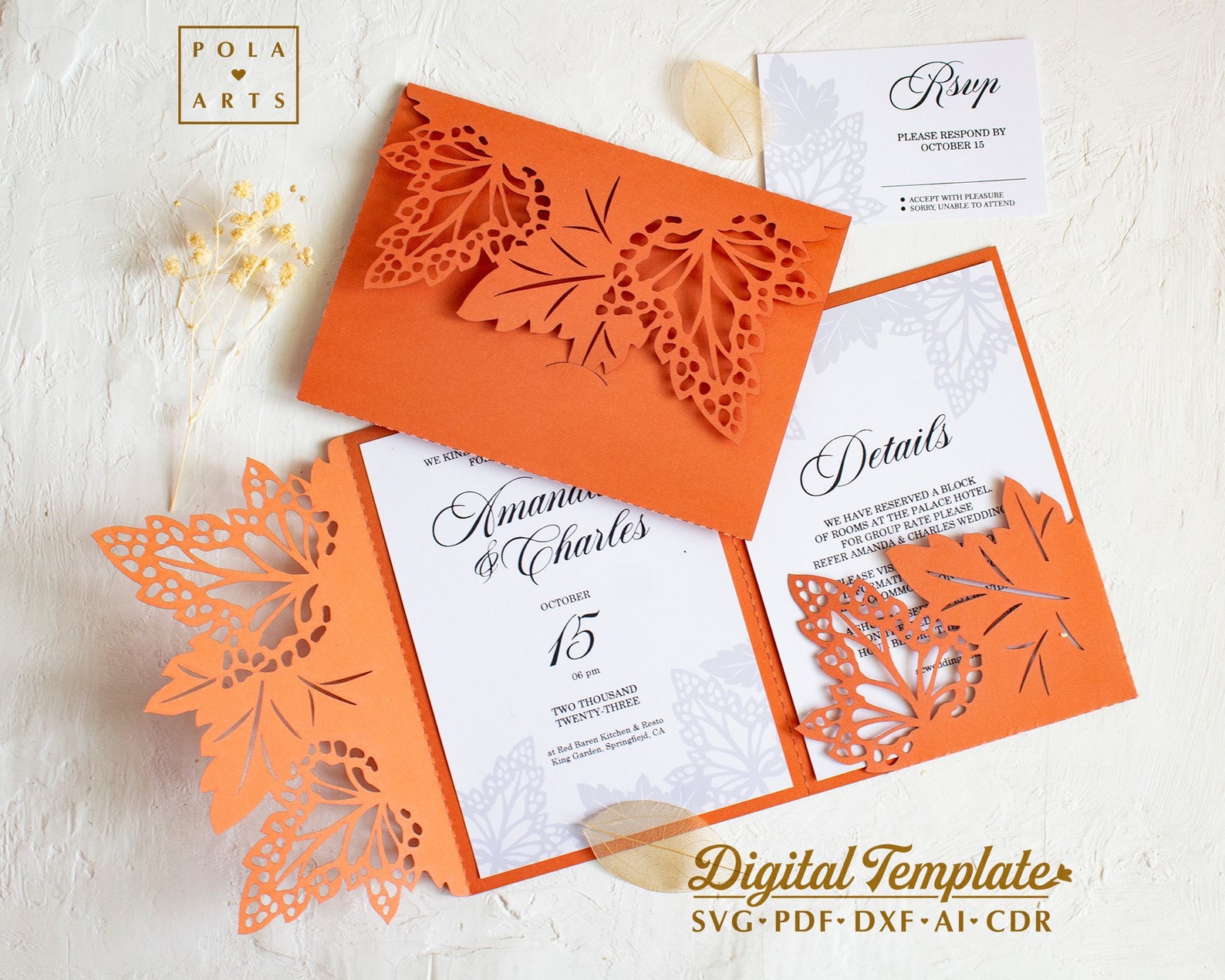 Wedding Trifold Invitation SVG, Dry Maple Leaves Autumn Wedding ...