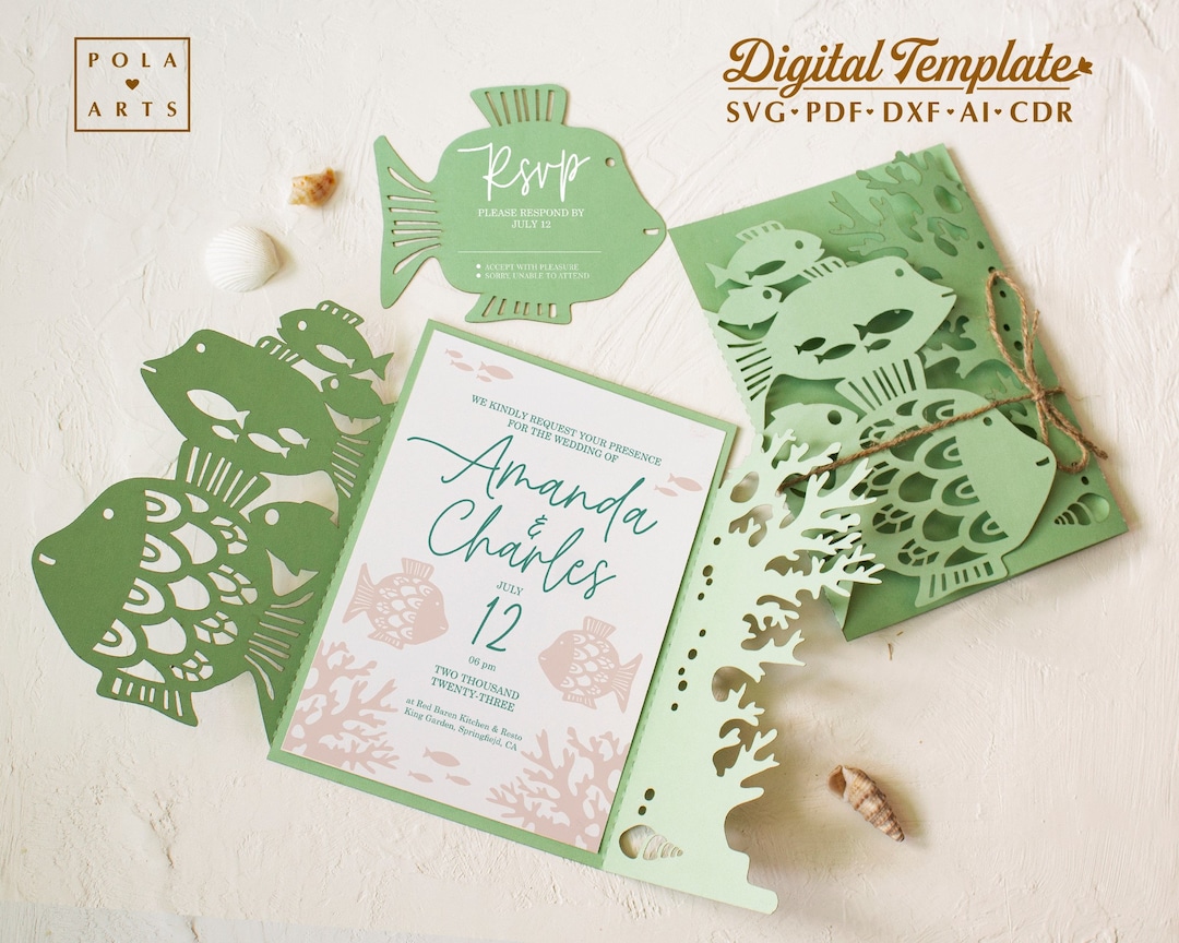 Sea Wedding Set Invitation Template Svg, Coral Reef With Fish Envelope ...