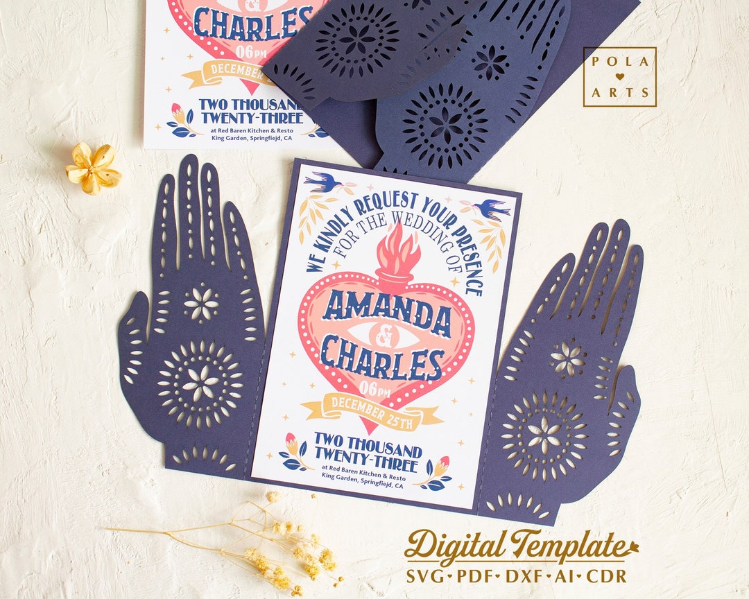 Wedding Invitation Template Svg, Hands Hippies Gatefold Invite Card ...