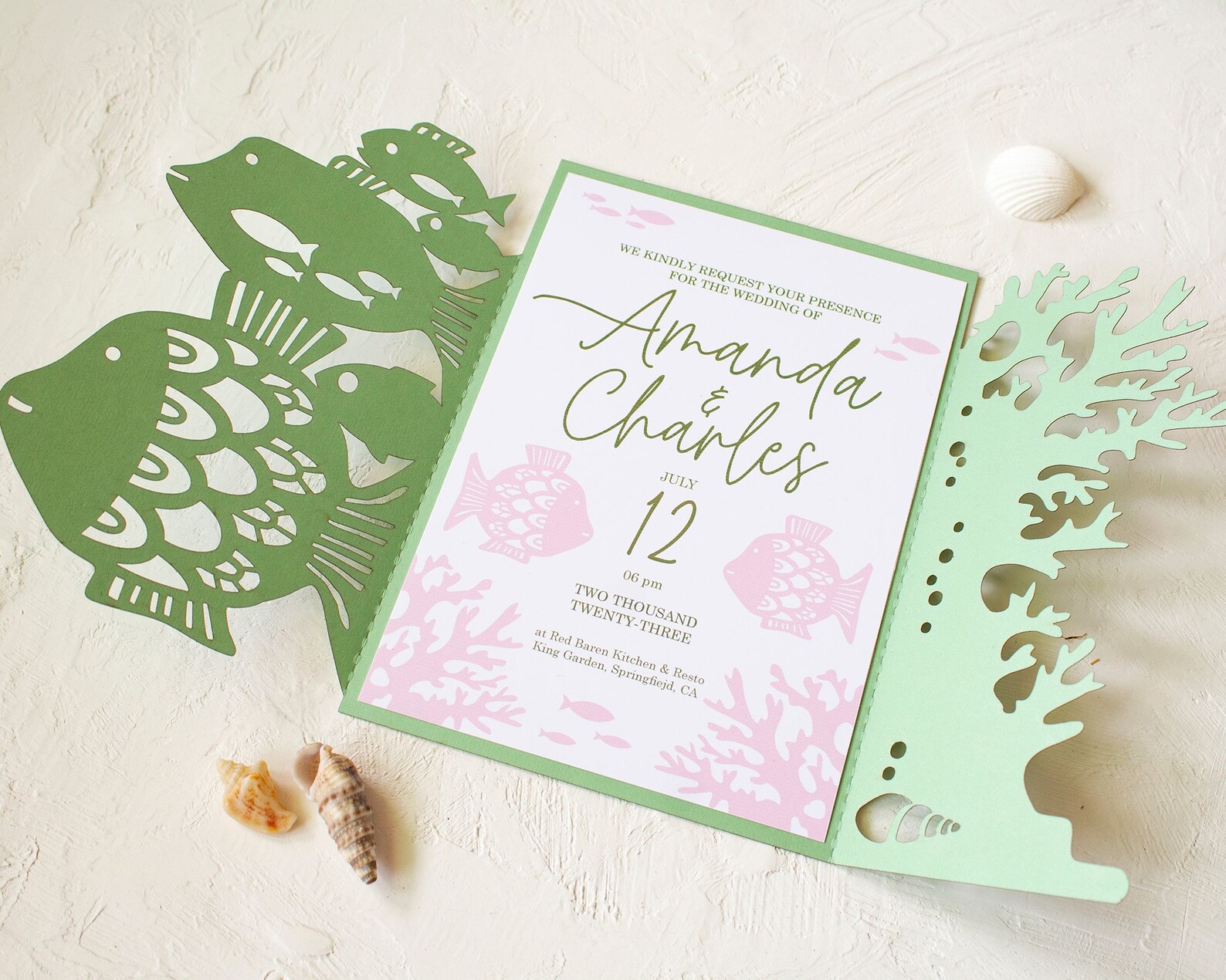 Sea Wedding Set Invitation Template Svg, Coral Reef With Fish Envelope ...