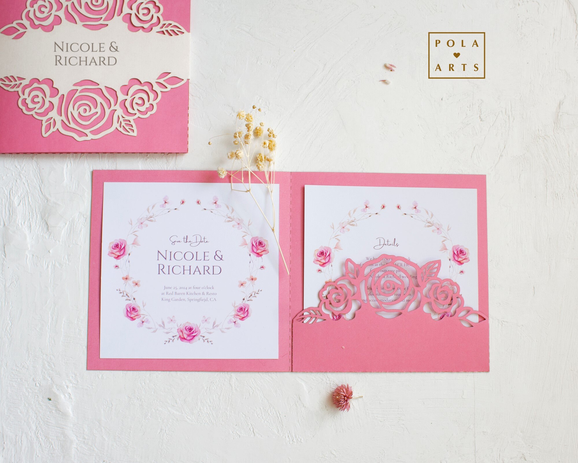 Wedding Invitation 6x6 Template SVG, Gatefold Pocket Roses Invite Card ...