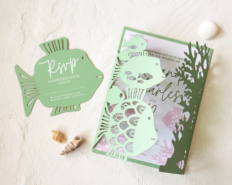 Sea Wedding Set Invitation Template Svg, Coral Reef With Fish Envelope ...