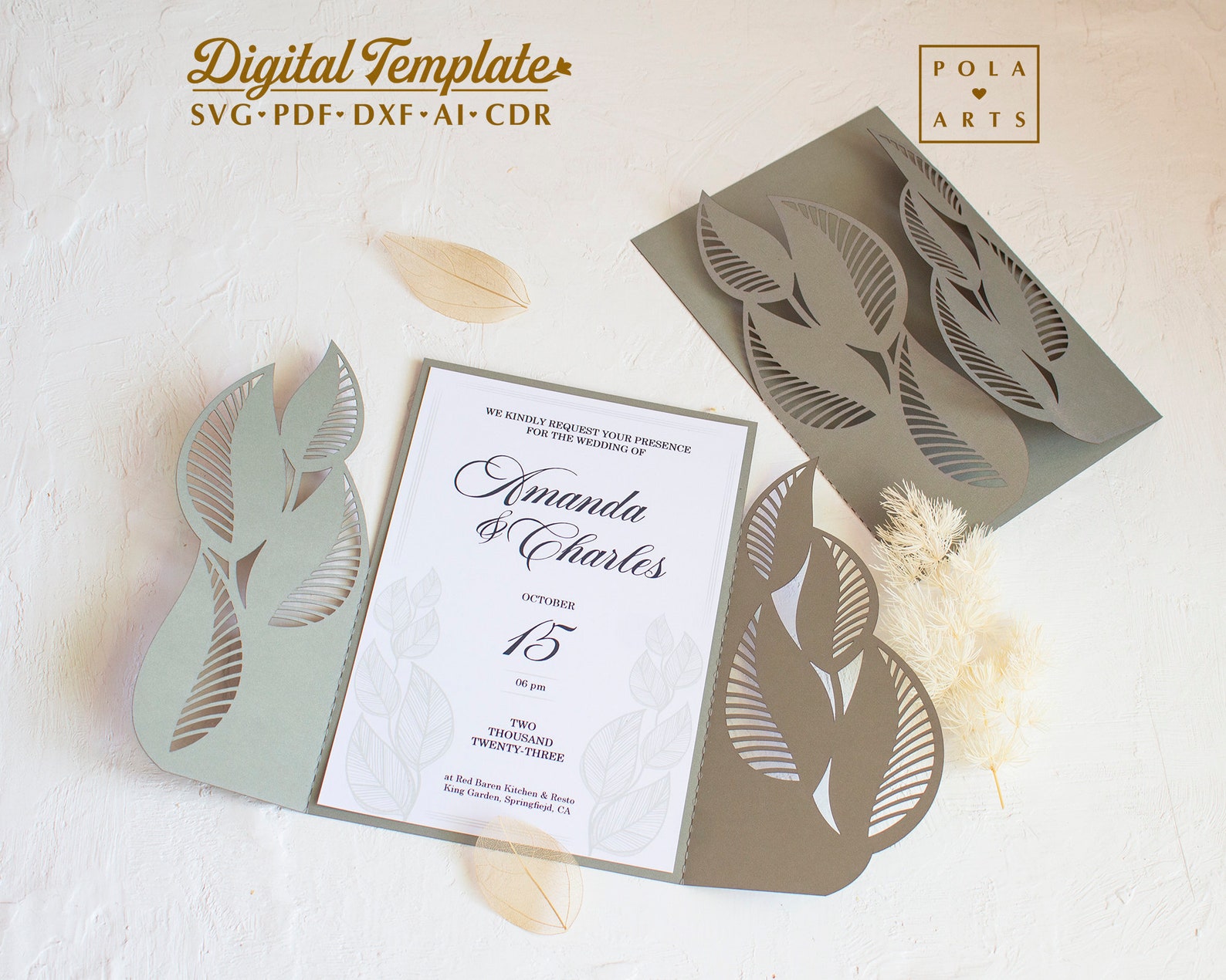 Wedding Invitation Svg Template, Dry Leaf Gatefold Invite Card ...