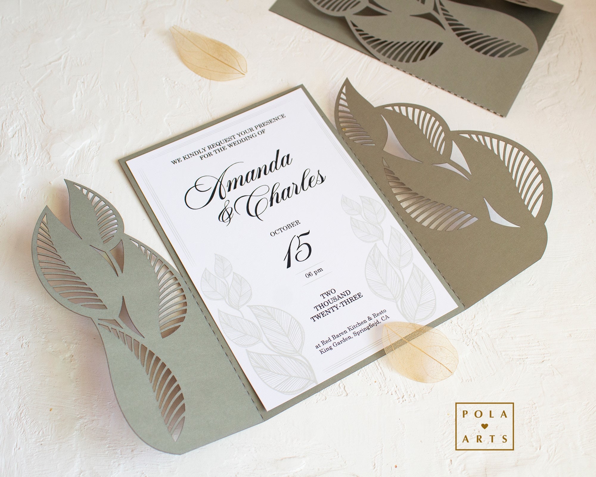 Wedding Invitation Svg Template, Dry Leaf Gatefold Invite Card ...
