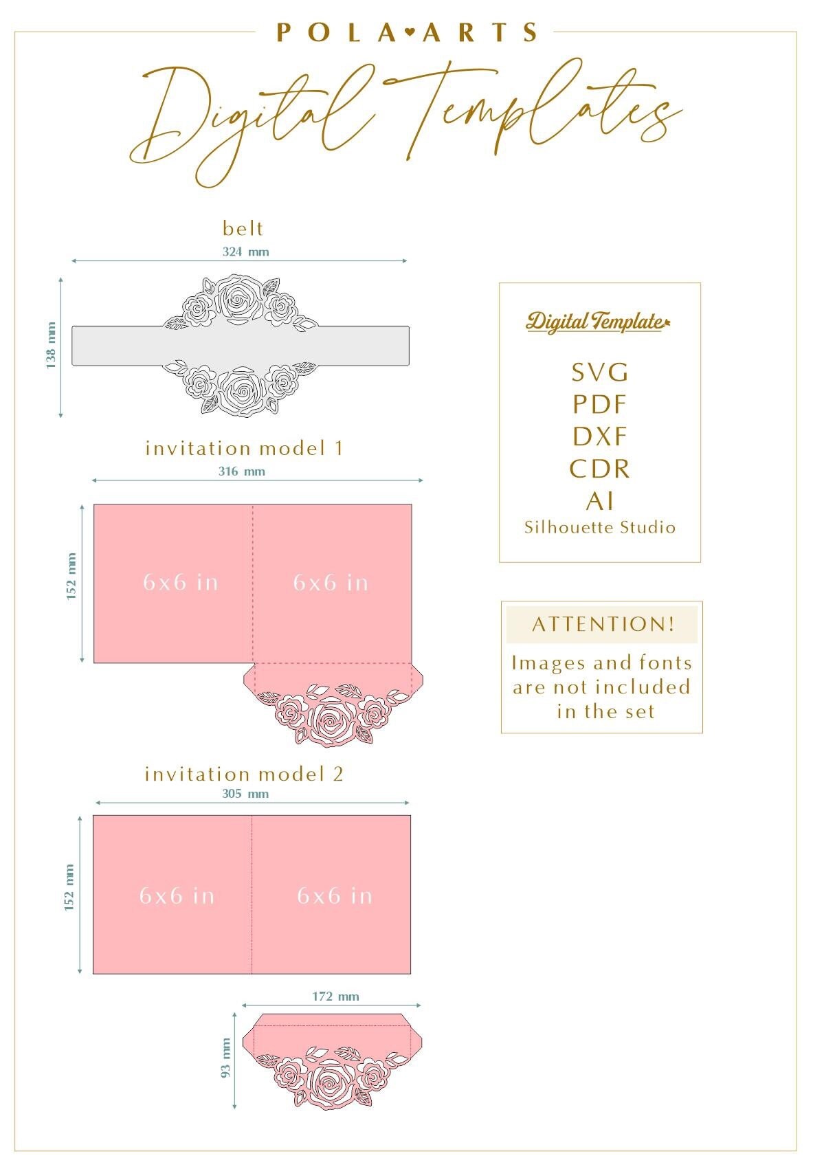 Wedding Invitation 6x6 Template SVG, Gatefold Pocket Roses Invite Card ...