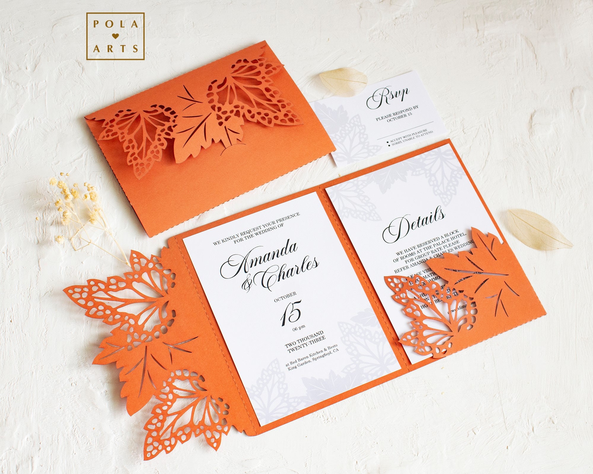 Wedding Trifold Invitation SVG, Dry Maple Leaves Autumn Wedding ...