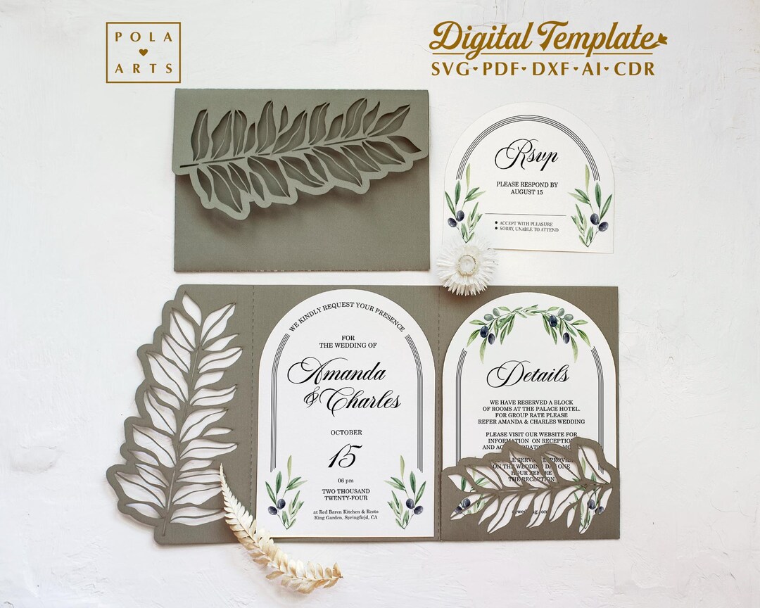 Olive Branch Invitation Template Svg, Wedding Trifold Invite Card ...