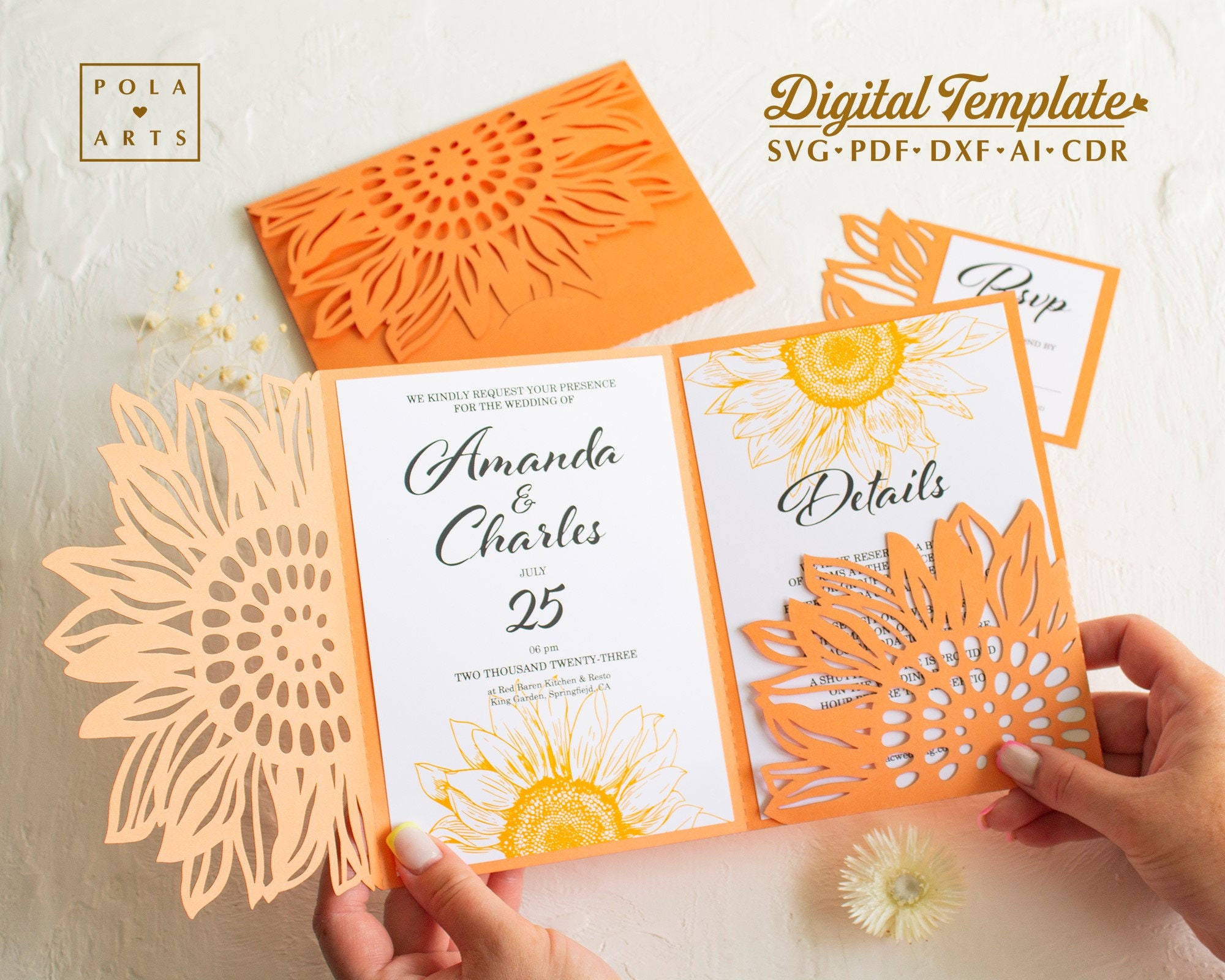 Plantilla de invitación de girasol svg, plantilla de sobre tríptico de ...